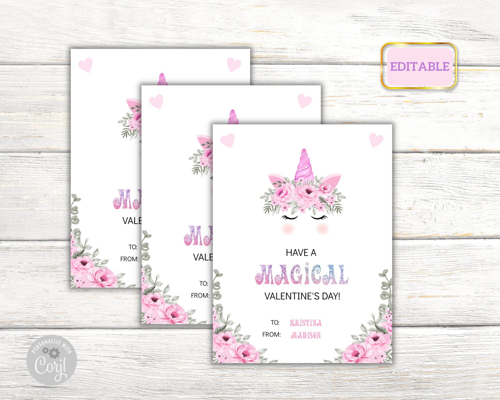 Editable Magical Unicorn Valentine Cards, Unicorn Treat Bag Tag ...