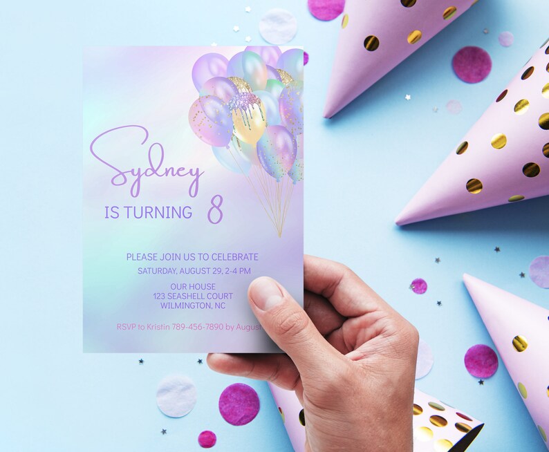 Balloons Birthday Party Invitation, Editable Girls Birthday Party ...