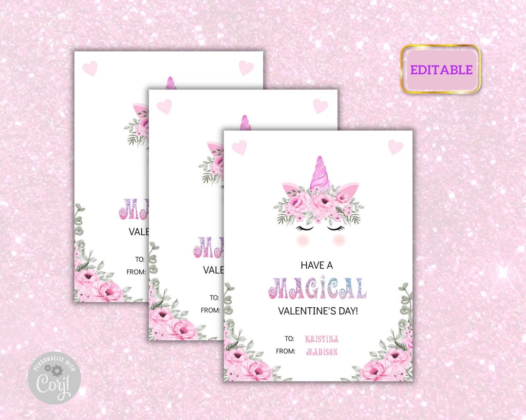 Editable Magical Unicorn Valentine Cards, Unicorn Treat Bag Tag ...