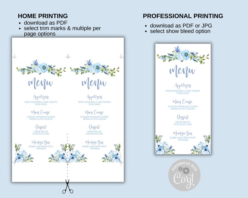 EDITABLE Blue Floral Menu Card Template Lunch/ Dinner / Brunch | Etsy