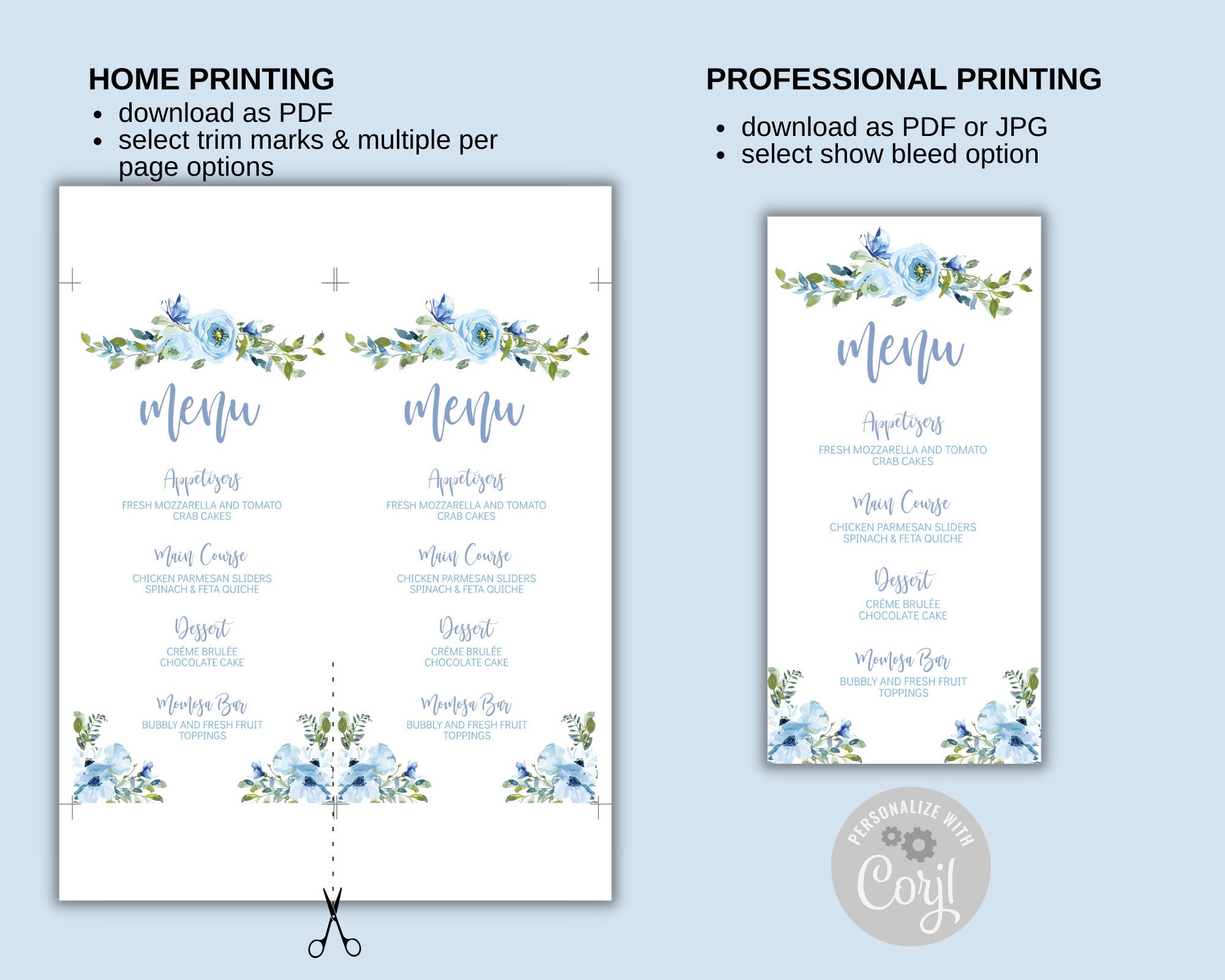 EDITABLE Blue Floral Menu Card Template Lunch/ Dinner / Brunch | Etsy