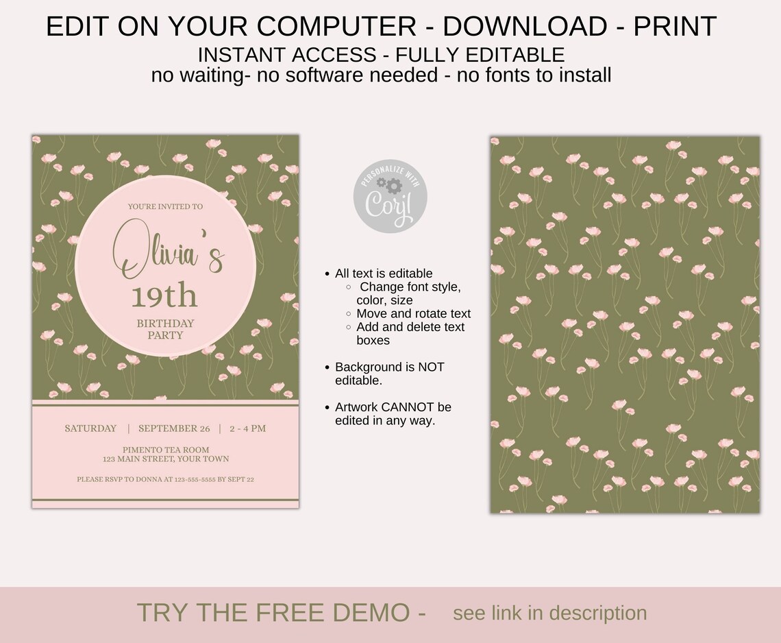 EDITABLE Floral Birthday Party Invitation Green With Pink - Etsy