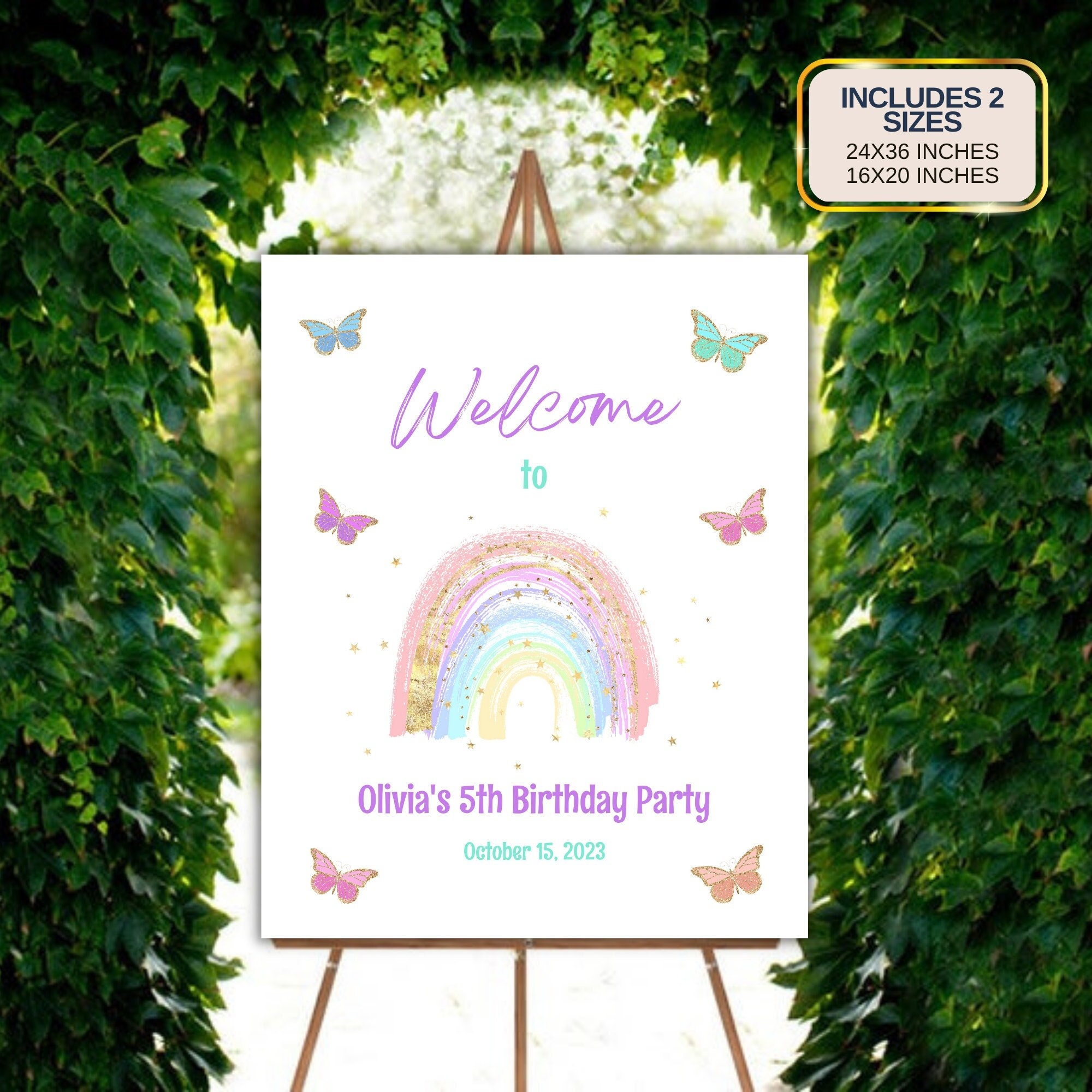 Editable Rainbow & Butterfly Party Welcome Sign, Baby Shower Sign ...