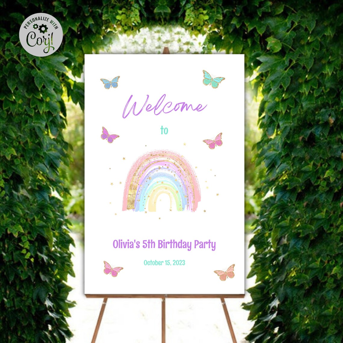 Editable Rainbow & Butterfly Party Welcome Sign, Baby Shower Sign ...