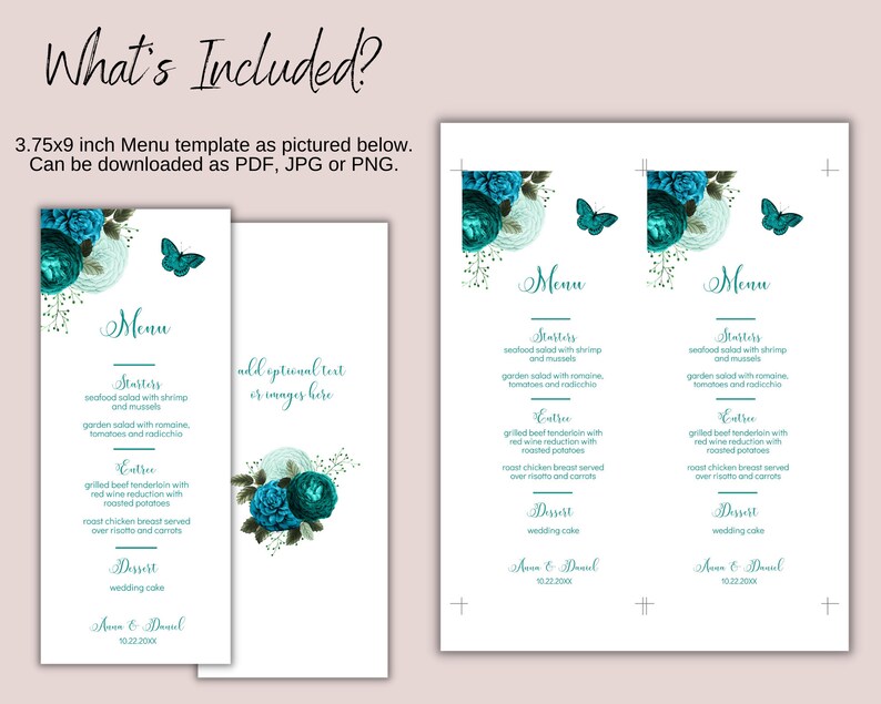 Turquoise Floral Menu Card Template Lunch/ Dinner / Brunch - Etsy