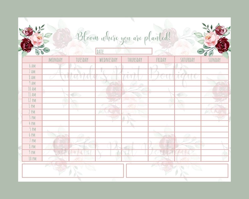 Horizontal Floral Weekly Schedule Daily Schedule Hourly Time - Etsy
