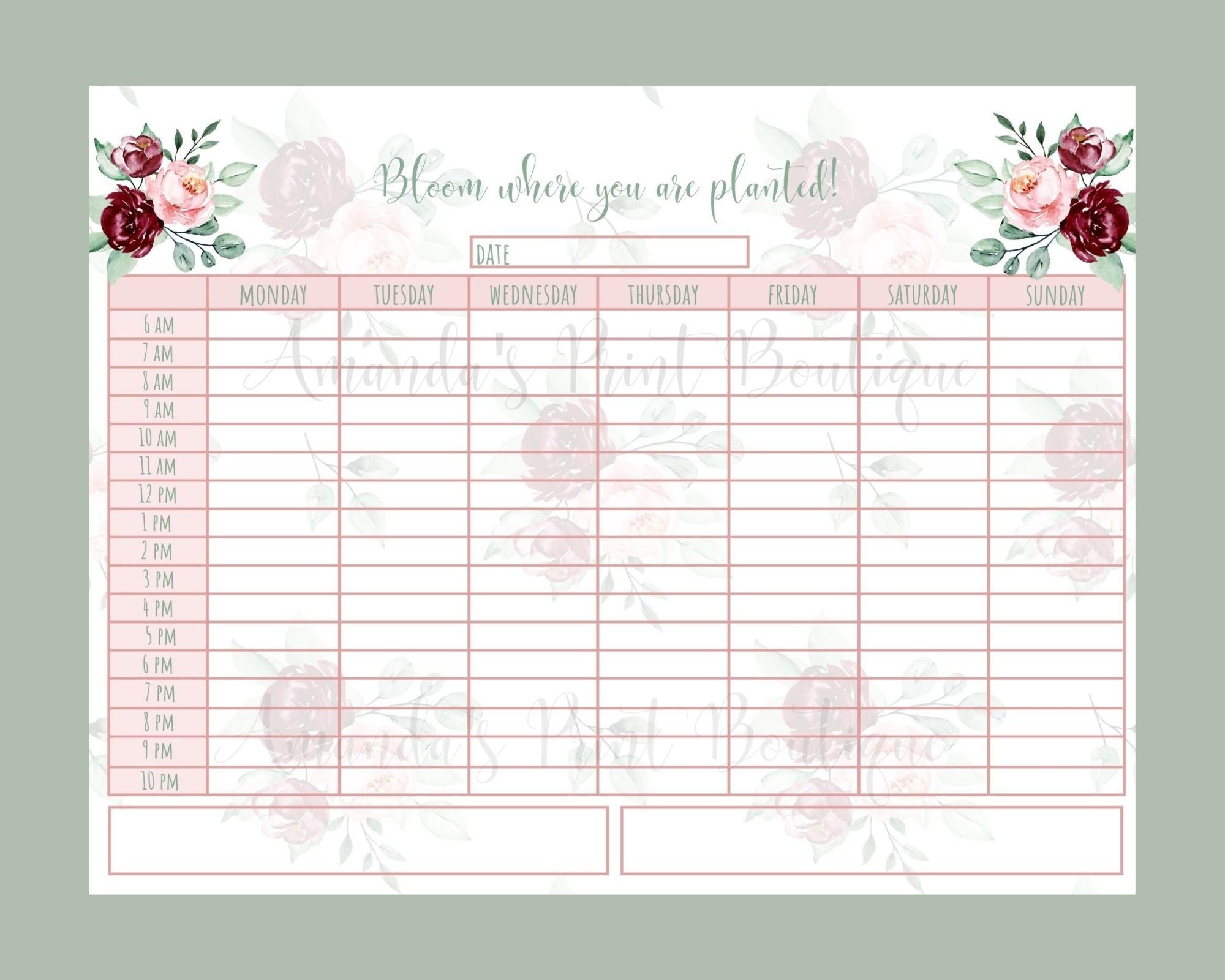 Horizontal Floral Weekly Schedule Daily Schedule Hourly Time - Etsy