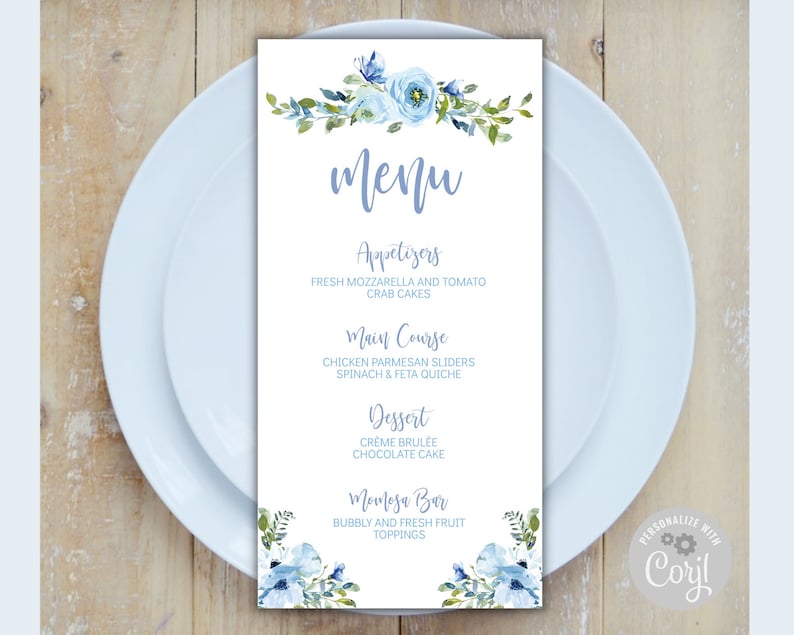 EDITABLE Blue Floral Menu Card Template Lunch/ Dinner / Brunch | Etsy
