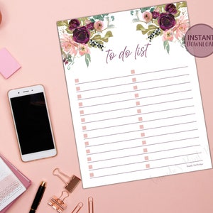 Printable to Do List, Watercolor Floral Planner Insert, Burgundy Blush ...