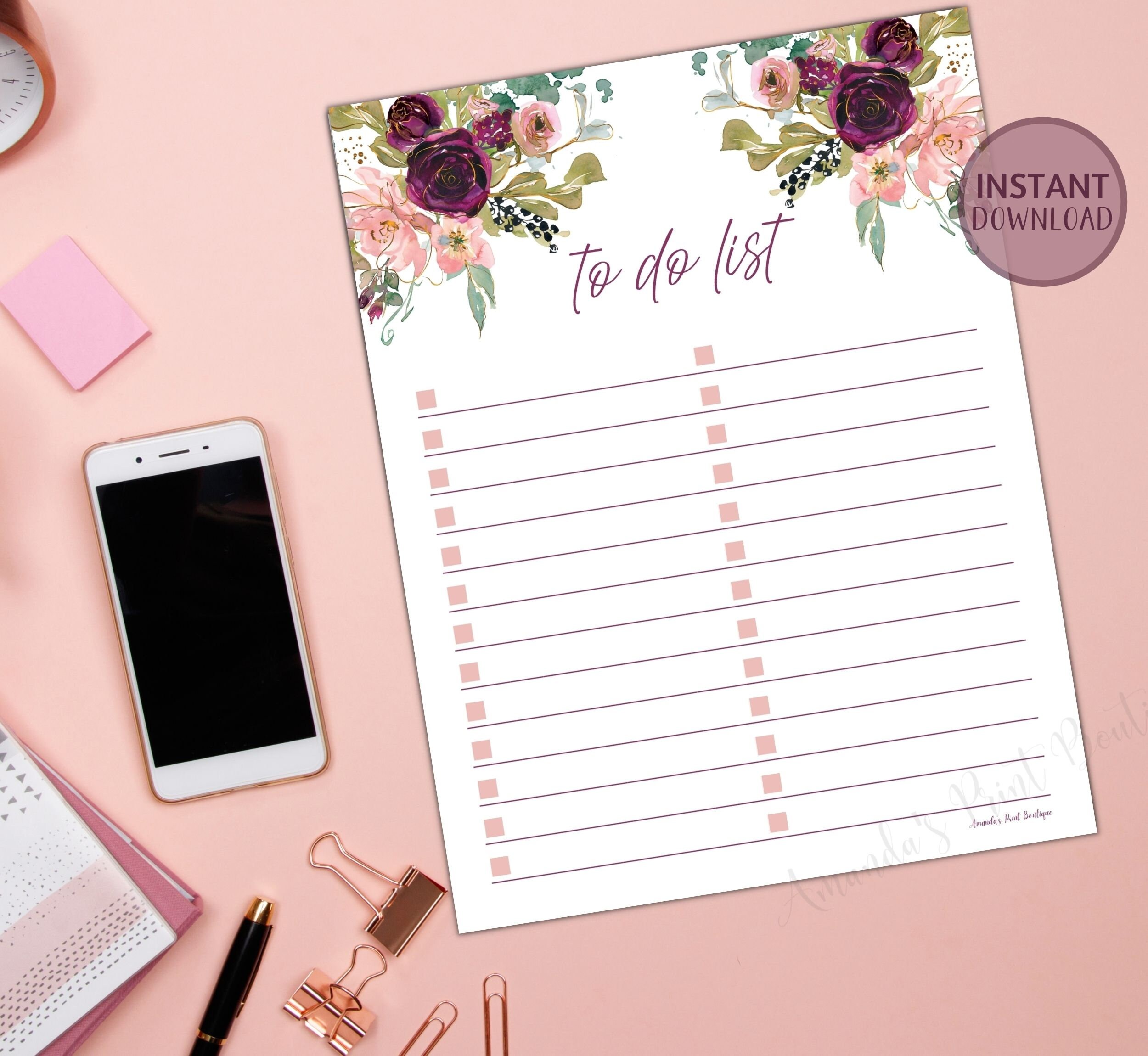 Printable to Do List, Watercolor Floral Planner Insert, Burgundy Blush ...