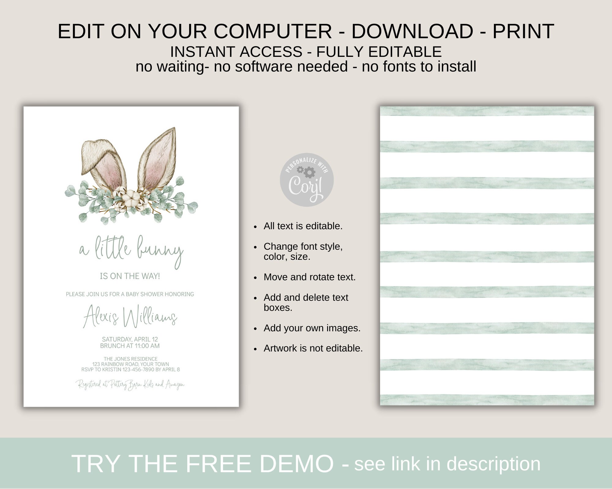 Editable Bunny Ears Baby Shower Invitation Baby Shower Invite - Etsy