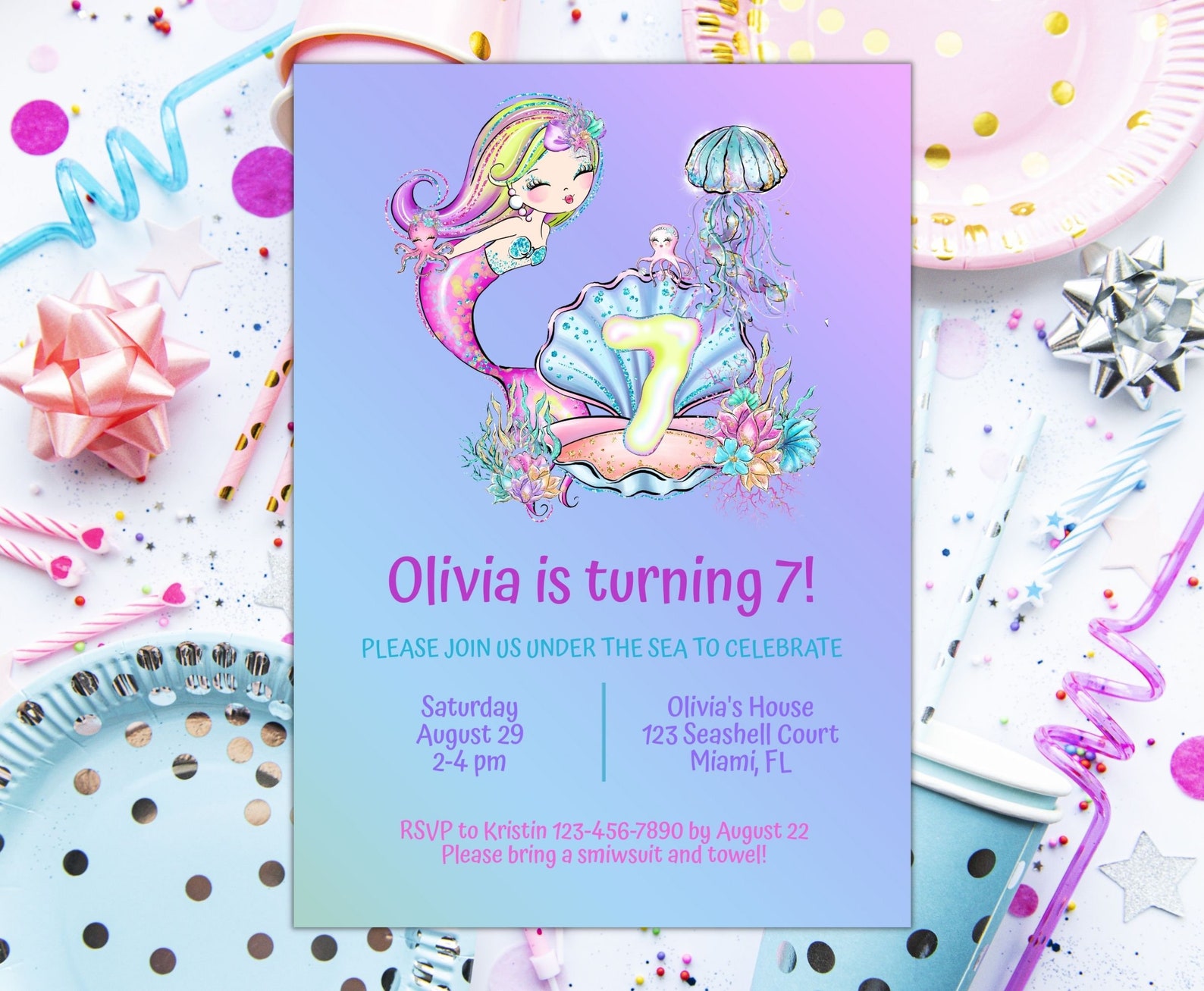 Editable Mermaid 7th Birthday Party Invitation, Girls Mermaid Birthday ...