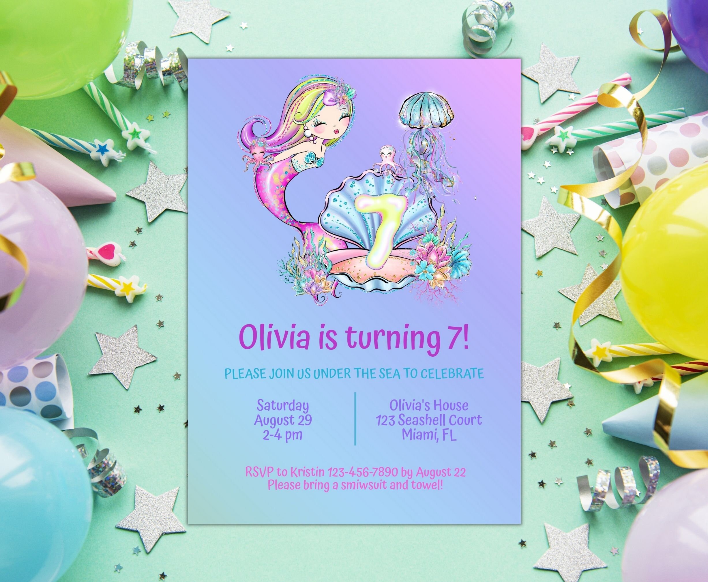 Editable Mermaid 7th Birthday Party Invitation, Girls Mermaid Birthday ...