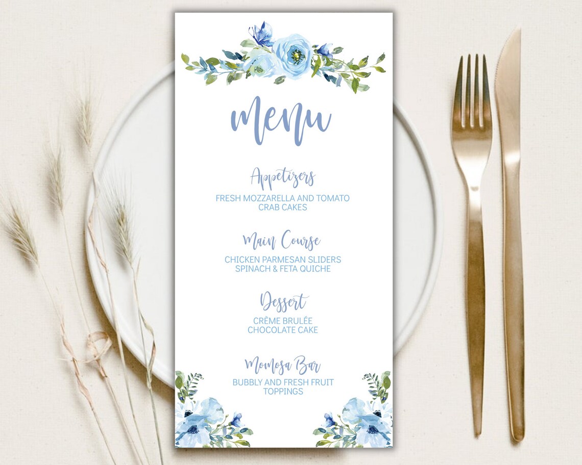 EDITABLE Blue Floral Menu Card Template Lunch/ Dinner / Brunch | Etsy
