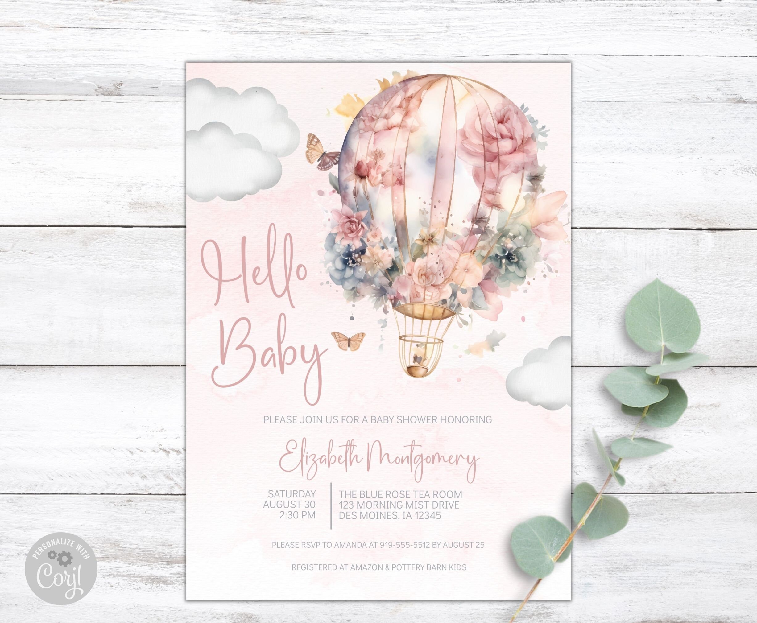 Pink Floral Hot Air Balloon Baby Shower Invitation Butterfly - Etsy