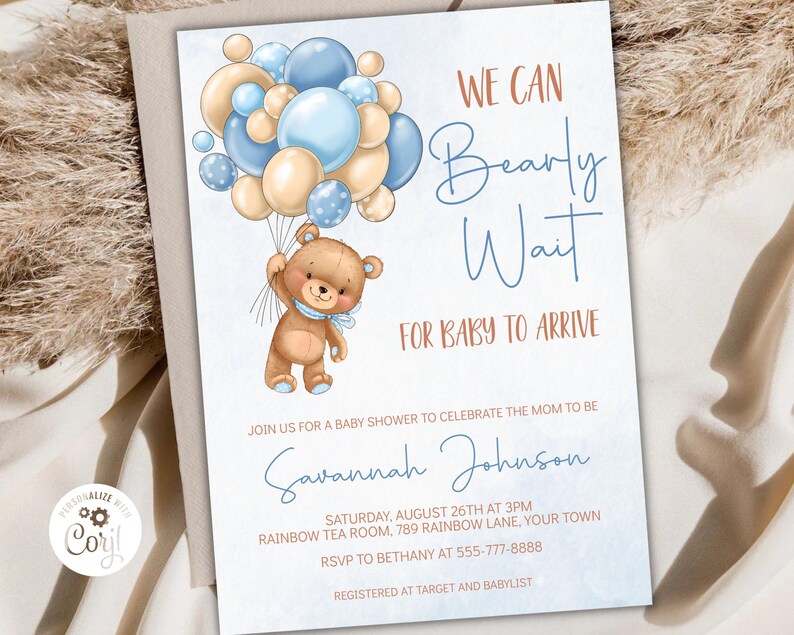 Blue We Can Bearly Wait Baby Shower Invitation Shower Invite - Etsy