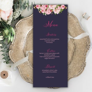 Editable Navy Blue Pink Floral Menu Template Printable, Tea Party Menu ...