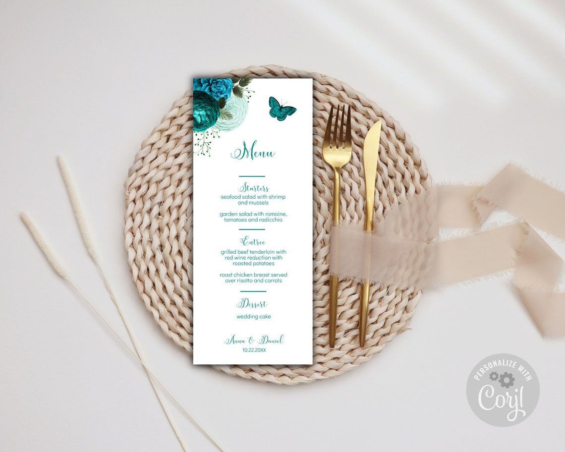 Turquoise Floral Menu Card Template Lunch/ Dinner / Brunch - Etsy