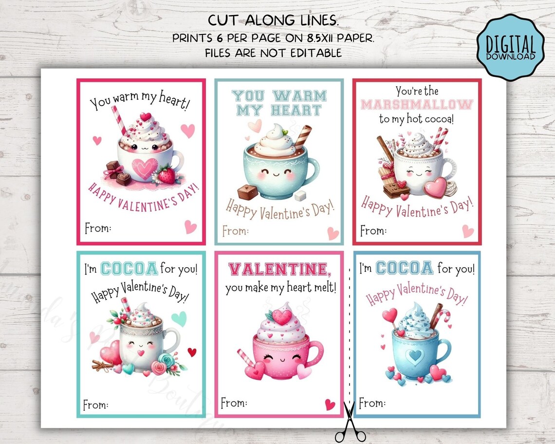 Hot Cocoa Valentines Day for School Valentines, Hot Chocolate Valentine ...