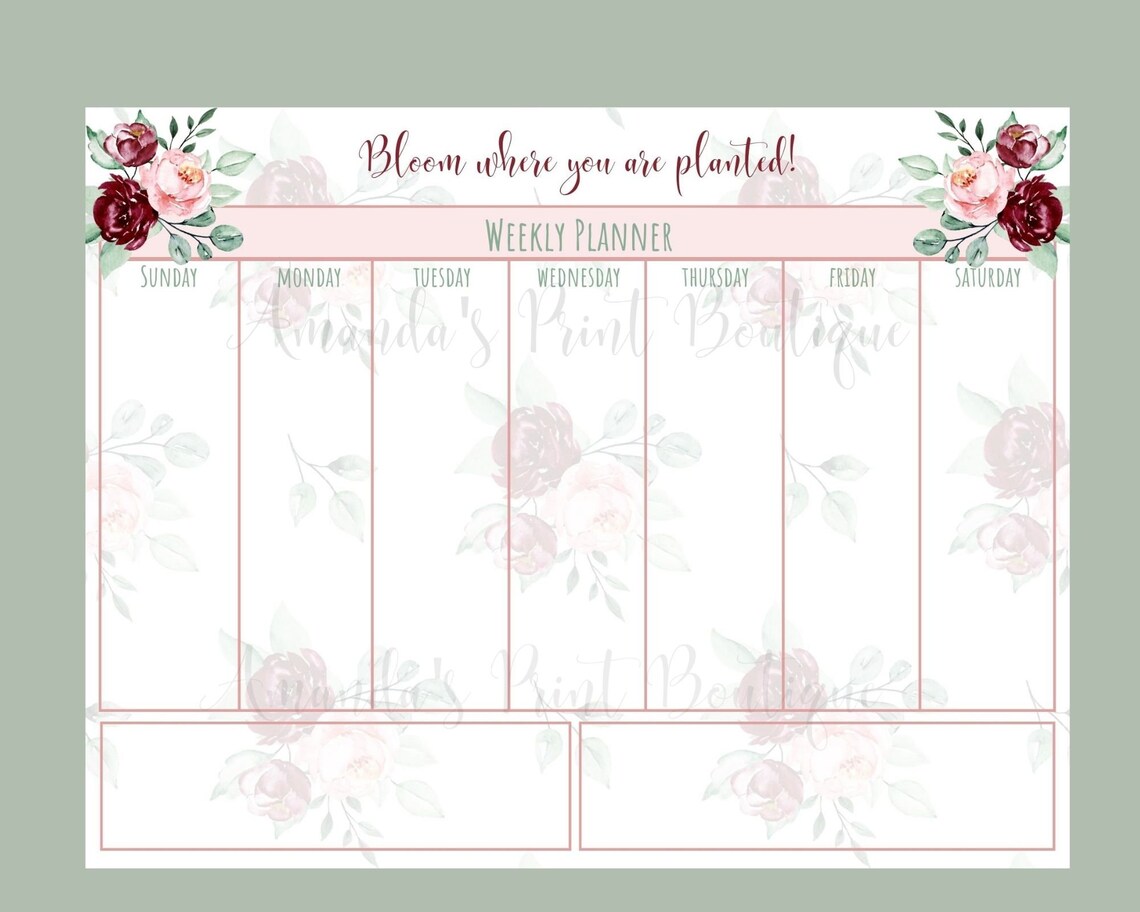 Horizontal Floral Weekly Schedule Daily Schedule Hourly Time | Etsy