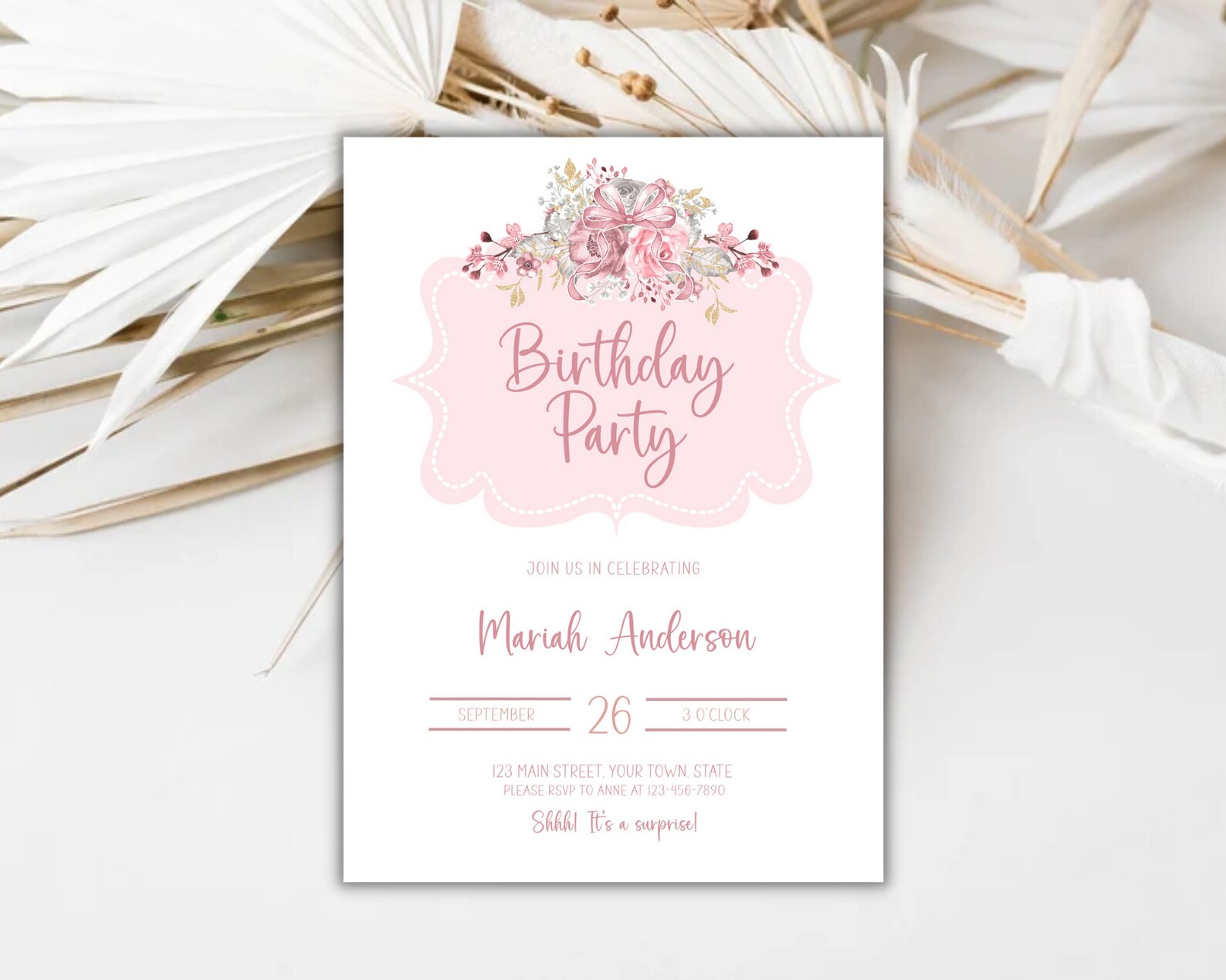 EDITABLE Floral Birthday Party Invitation, Pink Flowers Invite ...