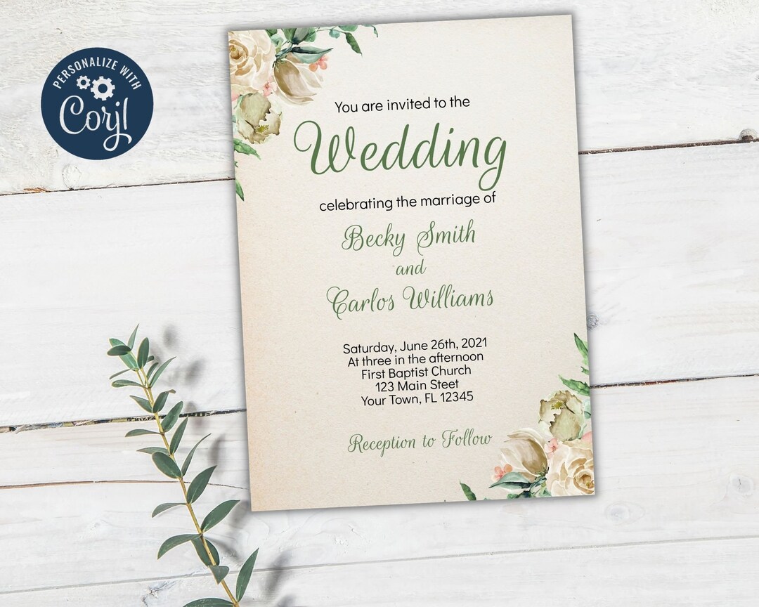 Ivory Floral Wedding Invitation Floral Wedding Invite Template Editable ...