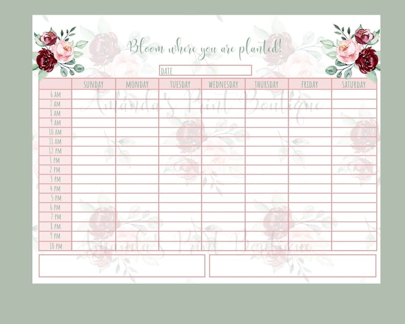 Horizontal Floral Weekly Schedule Daily Schedule Hourly Time - Etsy