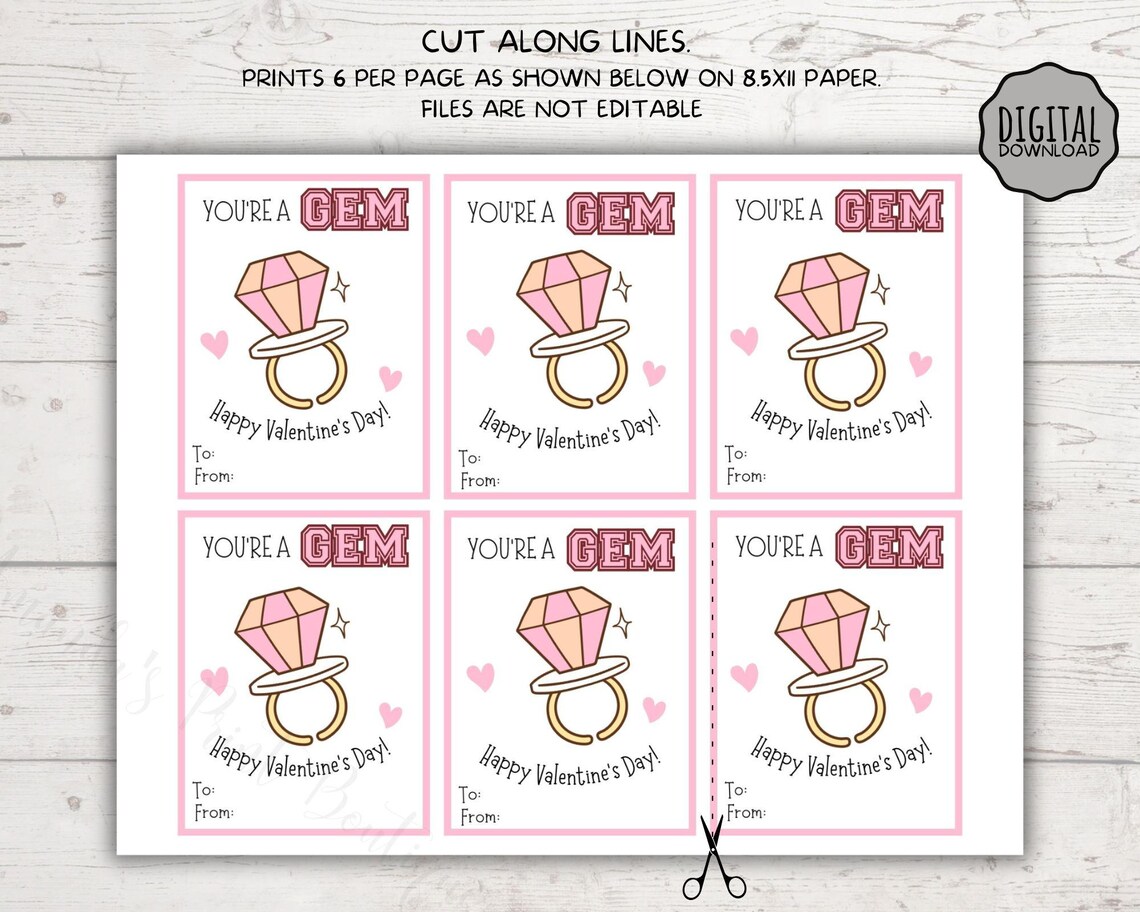 Printable You're a Gem Valentine Card, Ring Pop Printable Classroom ...