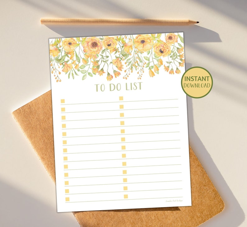 Printable to Do List Watercolor Floral Planner Insert Yellow - Etsy