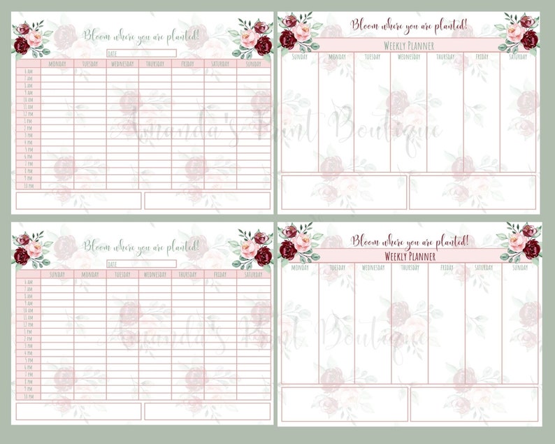 Horizontal Floral Weekly Schedule Daily Schedule Hourly Time - Etsy