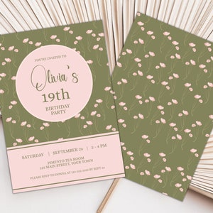 EDITABLE Floral Birthday Party Invitation, Green With Pink Flowers ...