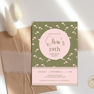 EDITABLE Floral Birthday Party Invitation, Green With Pink Flowers ...