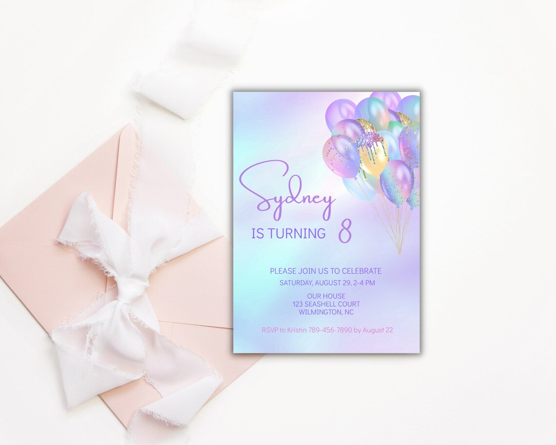 Balloons Birthday Party Invitation, Editable Girls Birthday Party ...