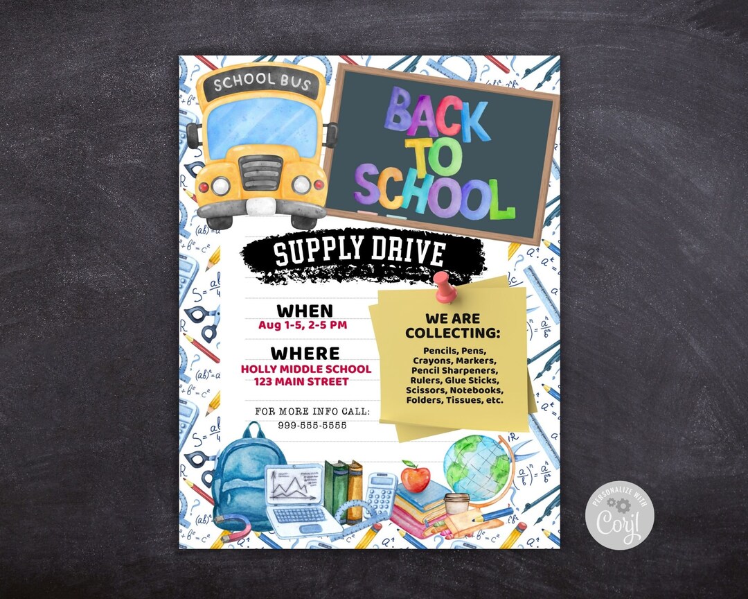 Editable School Supply Drive Flyer Template, Back to School, School ...
