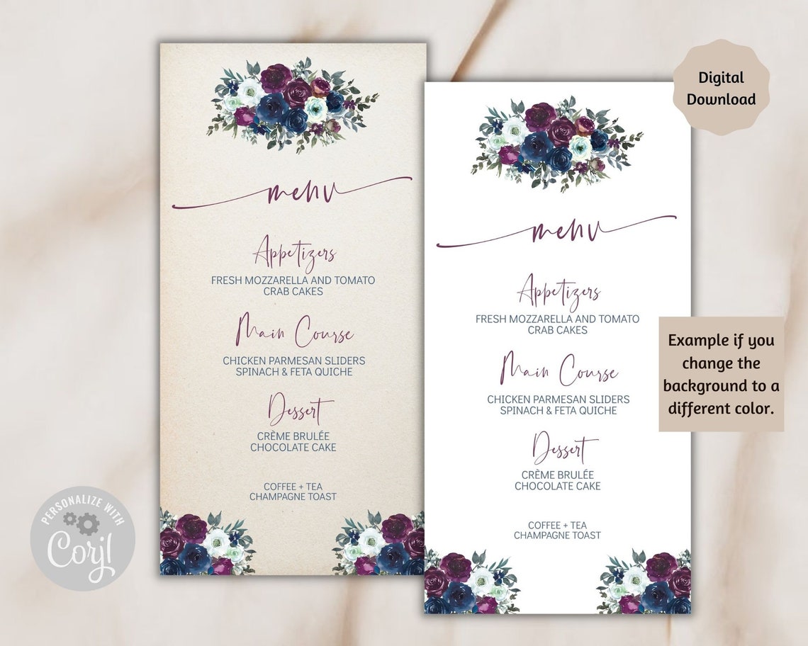 Plum & Navy Floral Menu Card Template Lunch/ Dinner / Brunch | Etsy