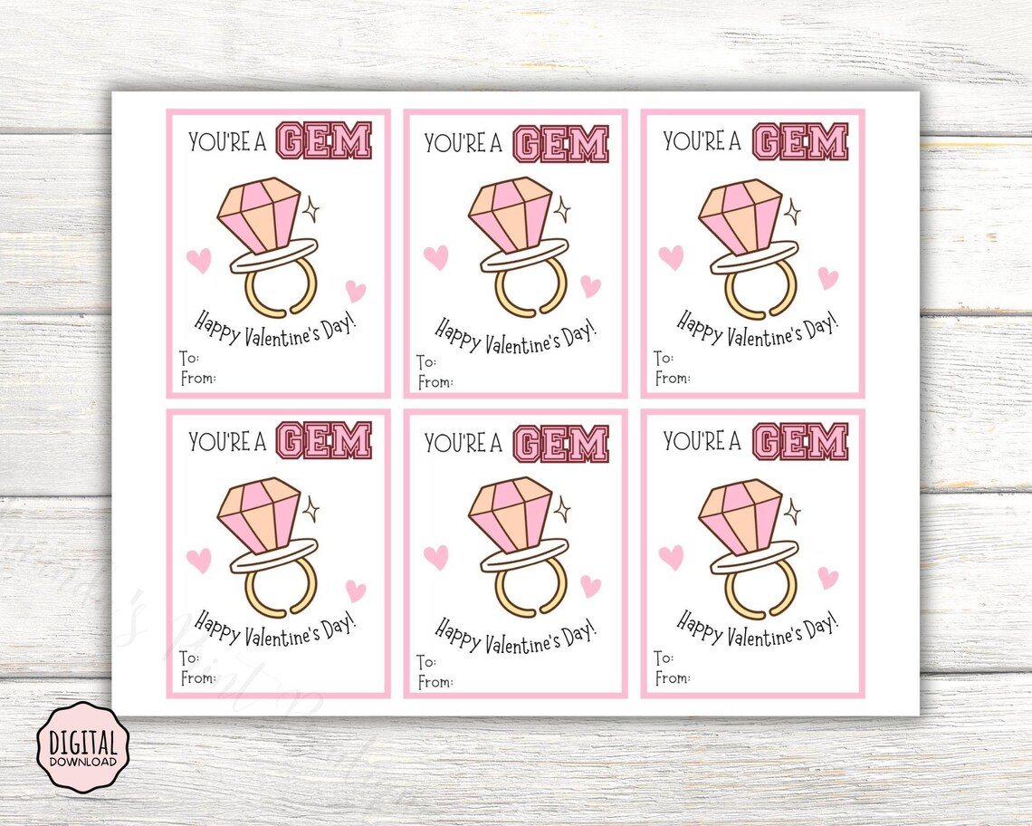 Printable You're a Gem Valentine Card, Ring Pop Printable Classroom ...