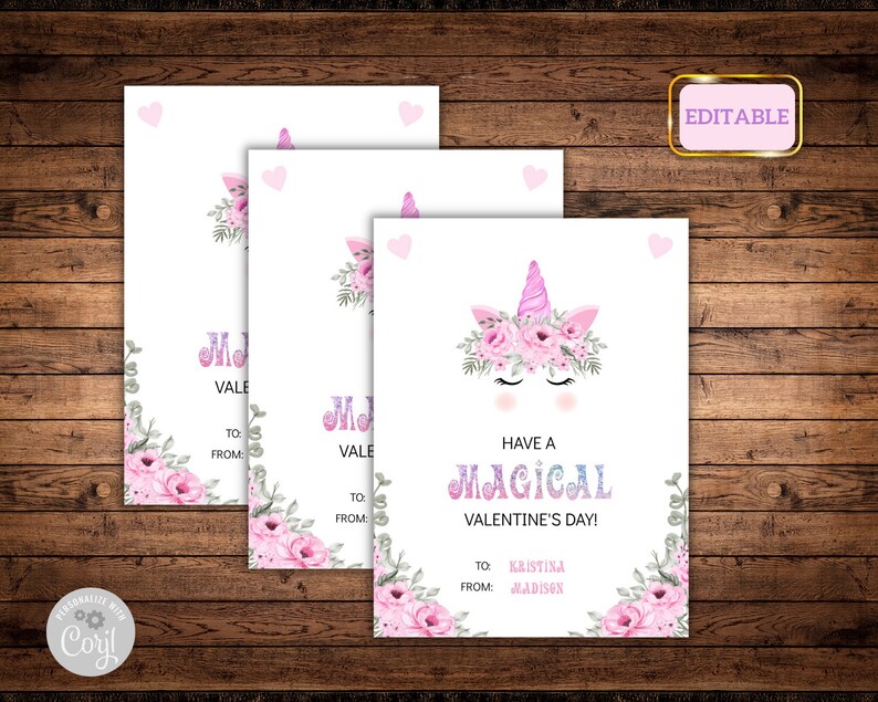 Editable Magical Unicorn Valentine Cards, Unicorn Treat Bag Tag ...