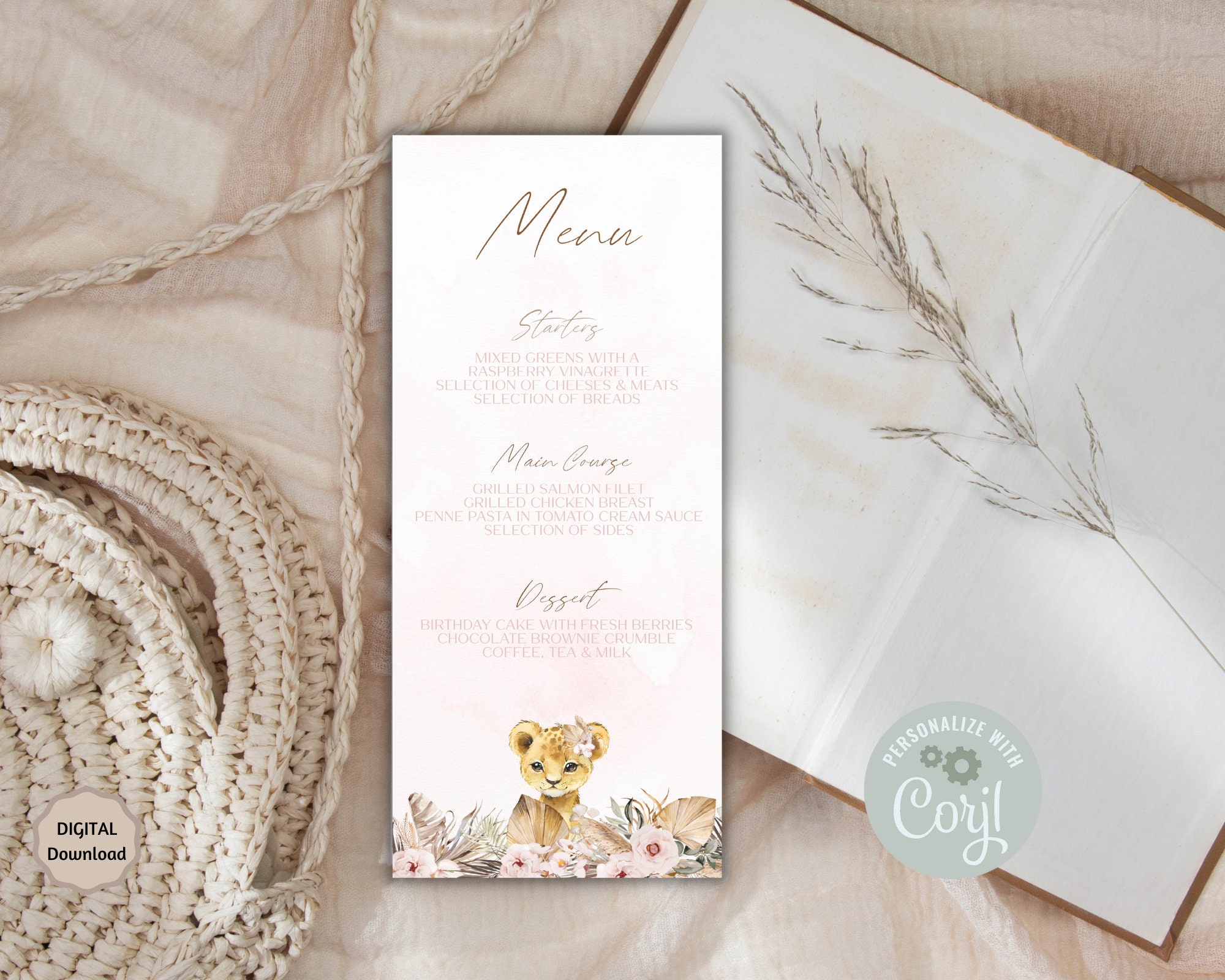 Editable Boho She's a Wild One Menu Template, Jungle Animal Menu Card ...