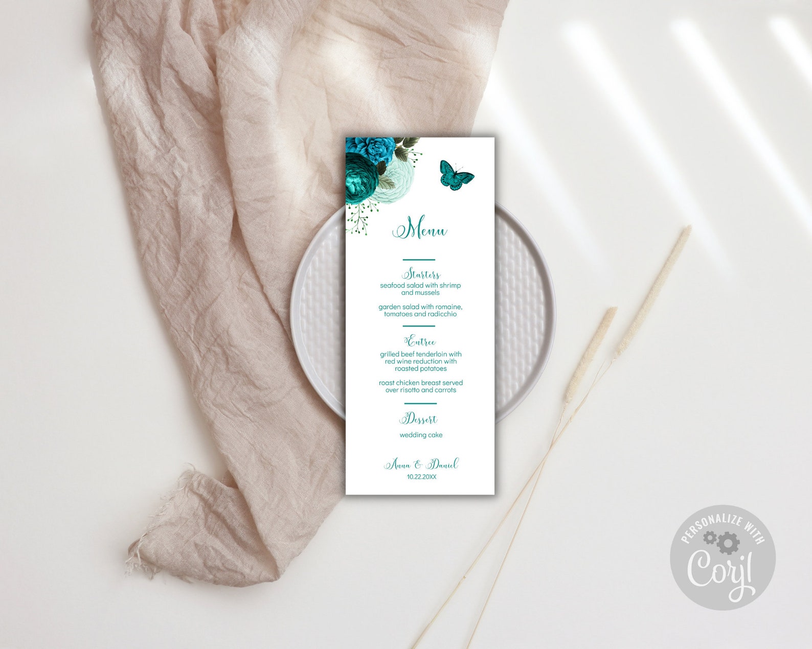 Turquoise Floral Menu Card Template Lunch/ Dinner / Brunch - Etsy