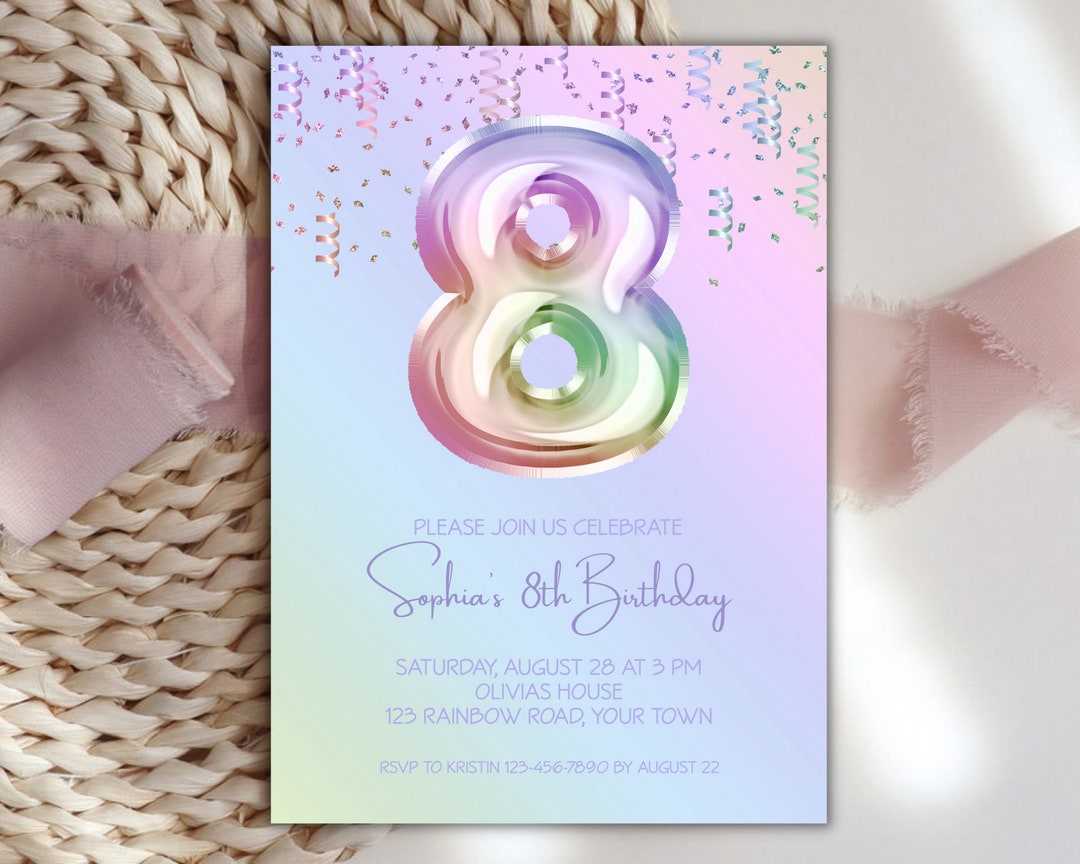 8th Birthday Invitation, Editable Rainbow Holographic Girls Birthday ...