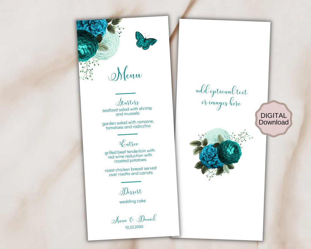 Turquoise Floral Menu Card Template Lunch/ Dinner / Brunch Menu ...
