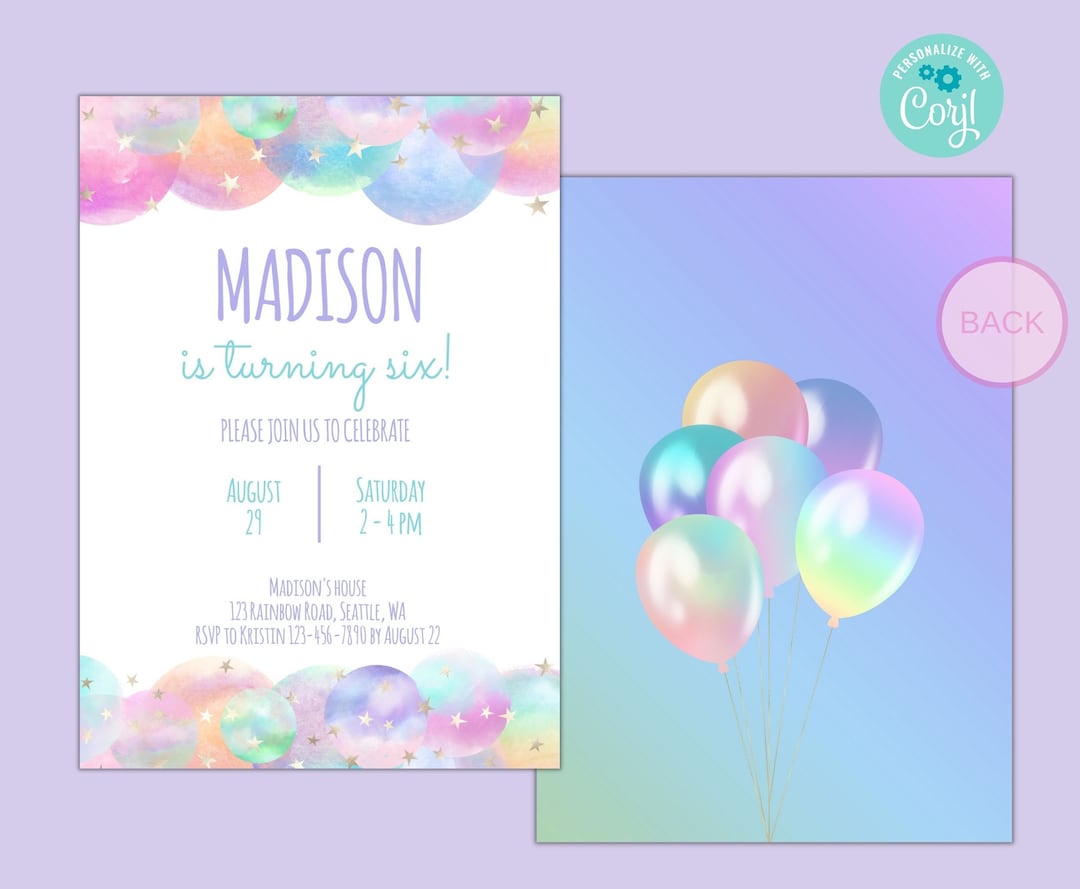 Balloons Birthday Party Invitation, Editable Girls Birthday Party ...