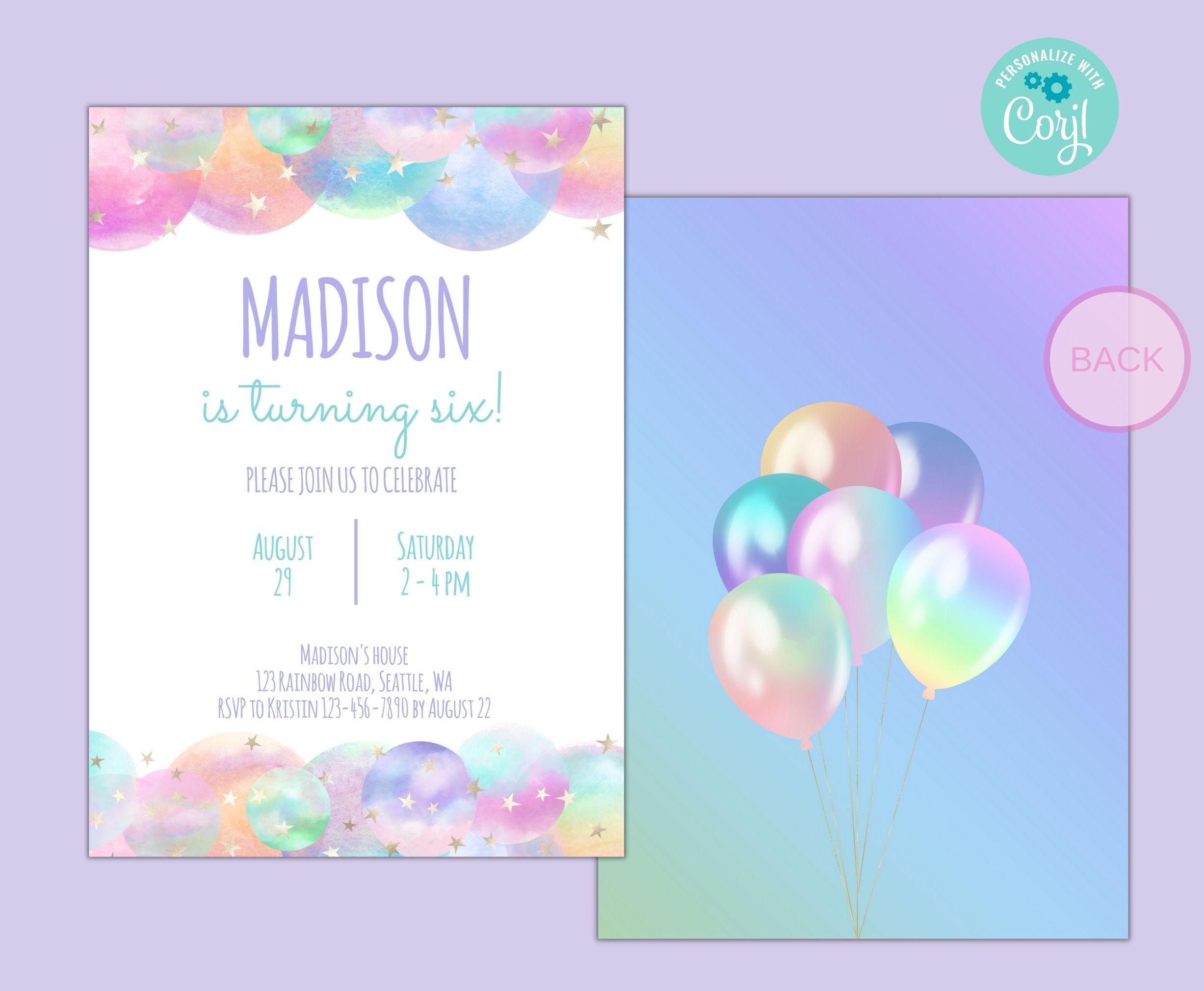 Balloons Birthday Party Invitation, Editable Girls Birthday Party ...