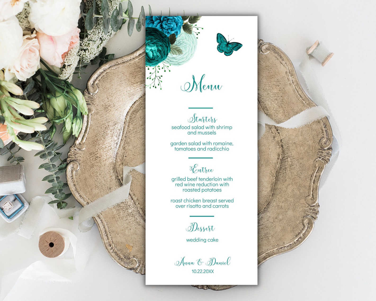 Turquoise Floral Menu Card Template Lunch/ Dinner / Brunch | Etsy
