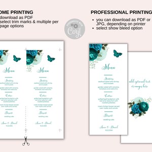 Turquoise Floral Menu Card Template Lunch/ Dinner / Brunch Menu ...