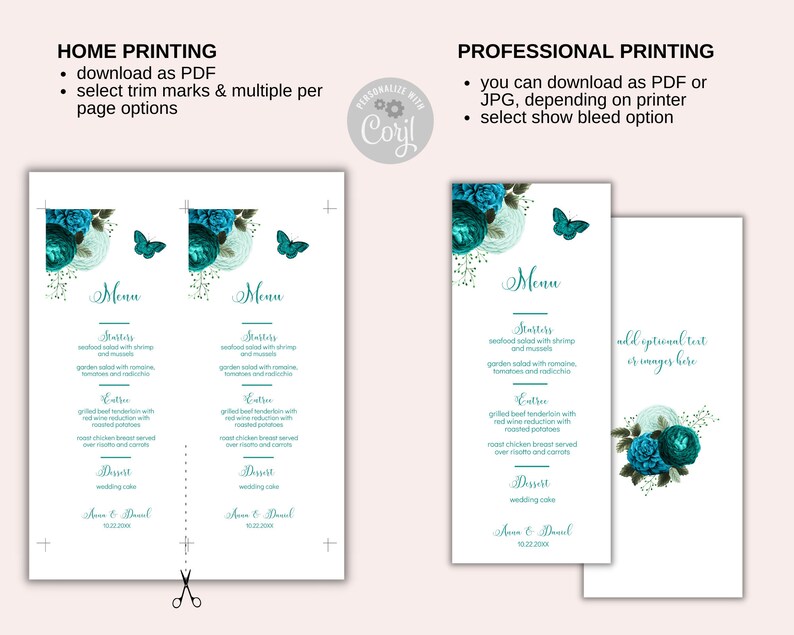Turquoise Floral Menu Card Template Lunch/ Dinner / Brunch - Etsy