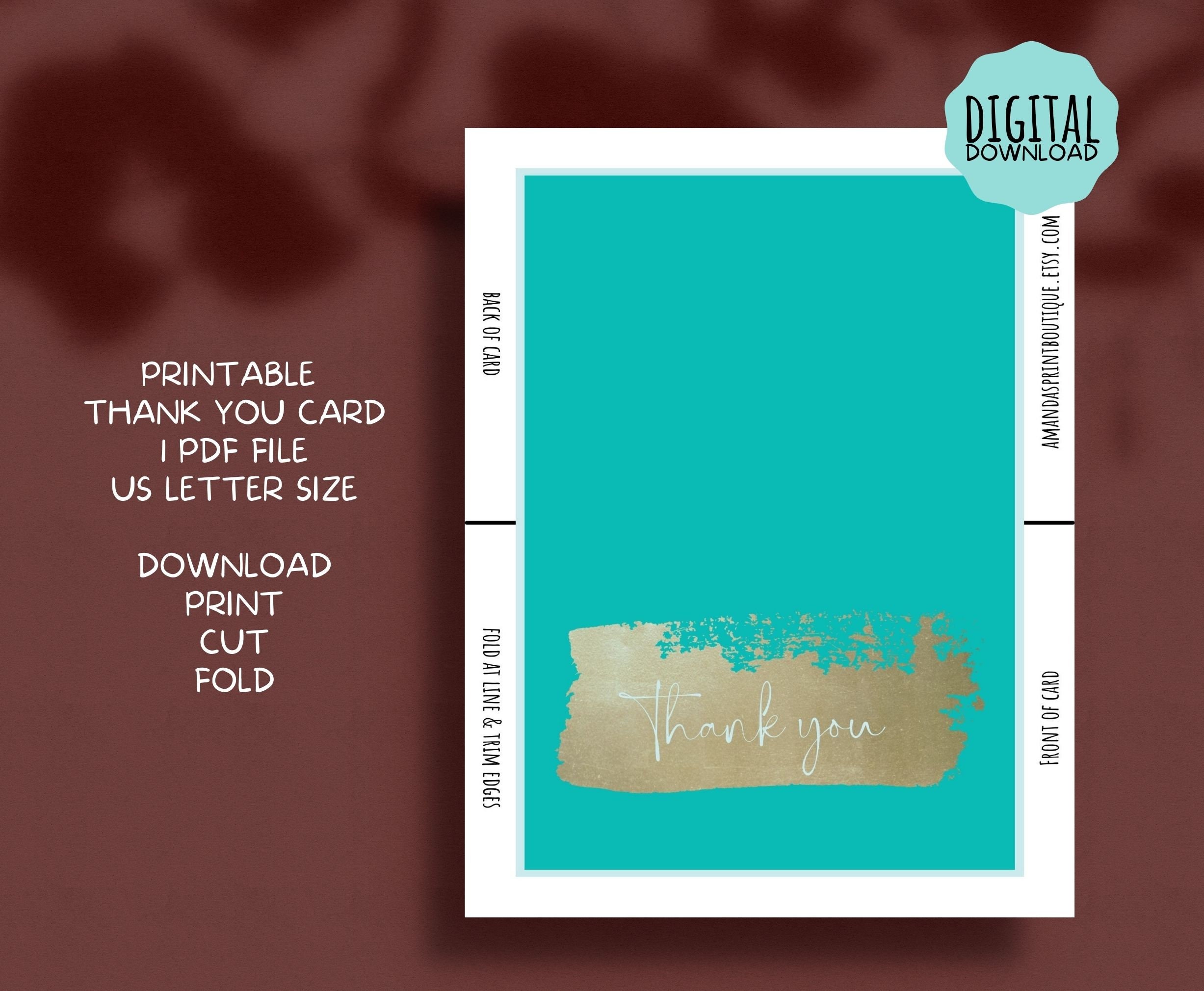 Turquoise & Gold Thank You Card Instant Download 7x5 Inch | Etsy