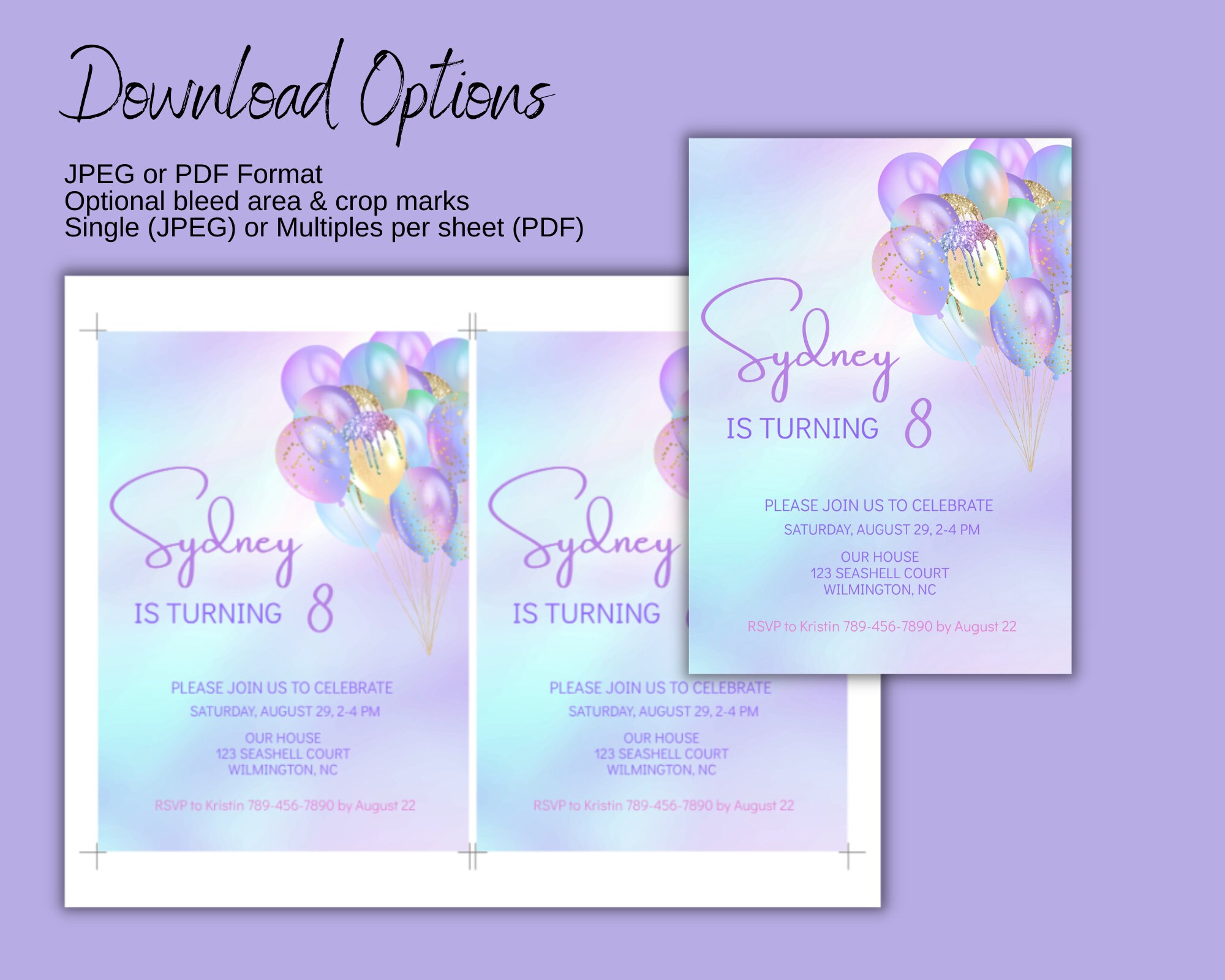 Balloons Birthday Party Invitation, Editable Girls Birthday Party ...