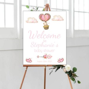EDITABLE Pink Blush Hot Air Balloon Clouds Baby Shower Welcome Sign ...