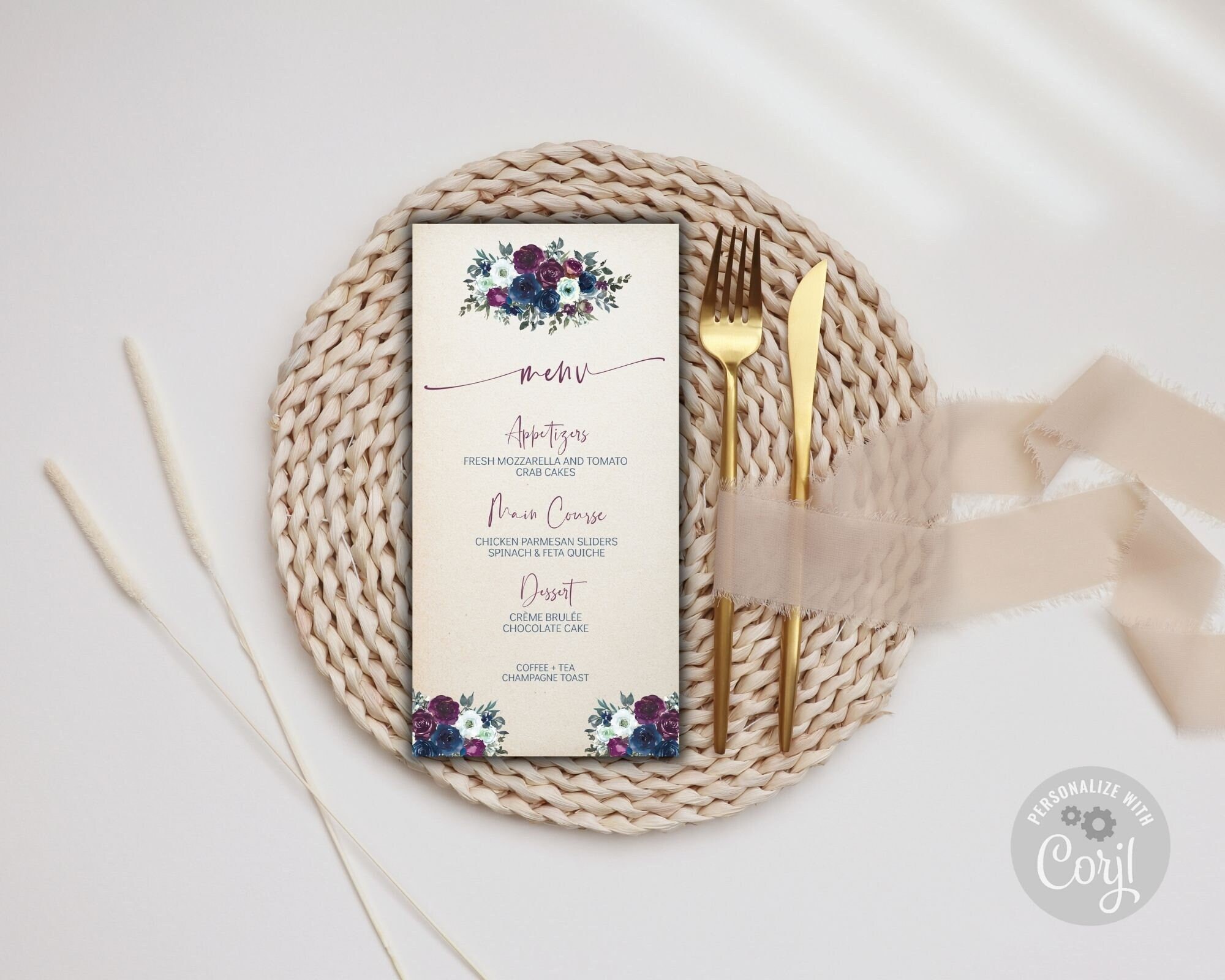Plum & Navy Floral Menu Card Template Lunch/ Dinner / Brunch | Etsy
